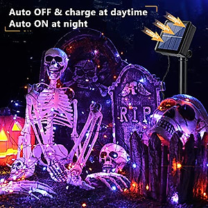 Brizled Orange & Purple Halloween Lights, 39.37ft 120 LED Orange Lights, Purple Solar Halloween Lights 8 Modes, Outdoor Twinkle Orange Halloween String Lights for Halloween Party DIY Decor, Black Wire