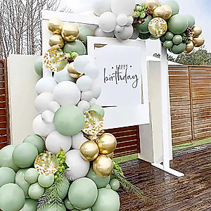 RUBFAC 65Pcs 12 Inches Sage Green Gold Confetti Balloons Kit, Green White Metallic Gold Party Balloons with Ribbons for Birthday, Wedding, Baby Shower, Graduation, Eucalyptus Party Decorations