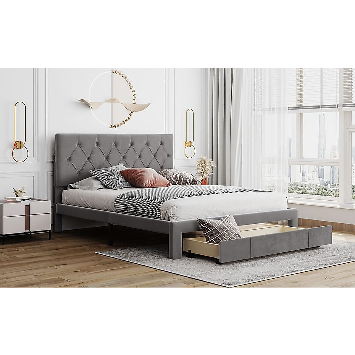 FEELHOME Queen Size Storage Bed with Drawer, Velvet Upholstered Platform Bed Frame with A Big Drawer and Headboard, Wooden Slat Support, Bedroom Furniture, Grey