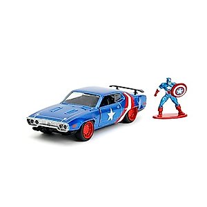 Jada 1972 Plymouth GTX Candy Blue with Red and White Stripes and Captain America Diecast Figure The Avengers Hollywood Rides Series 1/32 Diecast Model Car