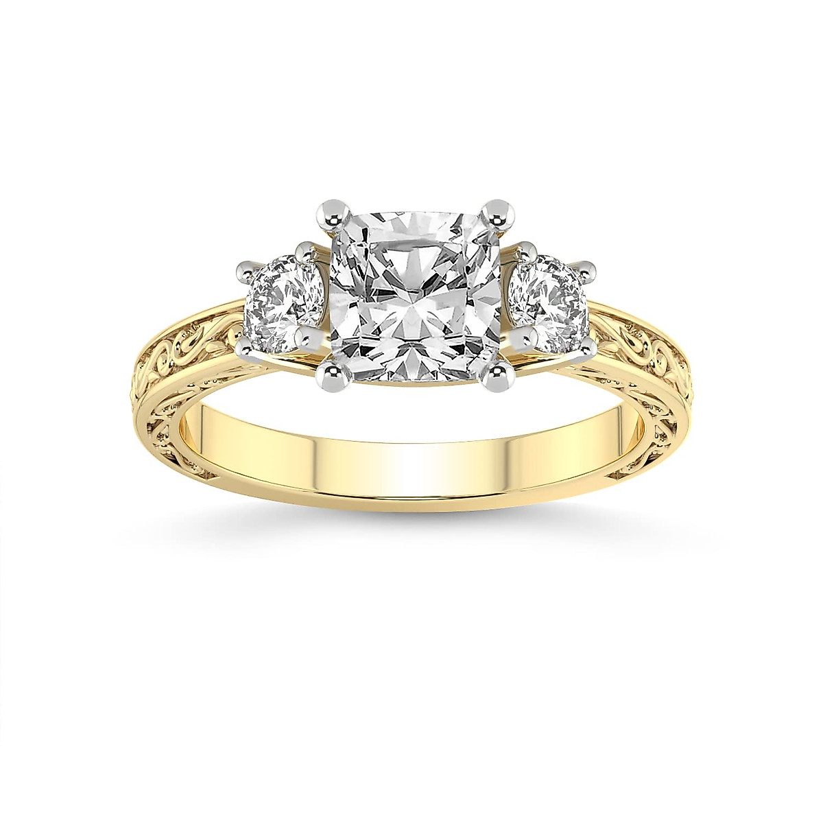 3 ct IGI Certified Cushion Shape Lab Grown Diamond Ring | 14K Or 18K White, Yellow Or Rose Gold | Valencia Three Stone Vintage Ring | FG-VS1-VS2 Quality Friendly Diamonds