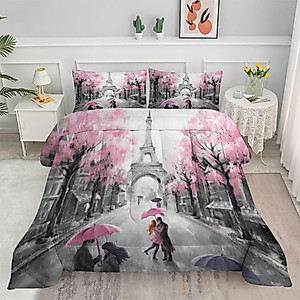 EDGZKO Paris Bedroom Comforter Set: Queen Size Eiffel Tower Bedding Sets Pink and Grey French Style Romantic Bed Set for Teen Girls Women Soft Quilt Sets 1 Comforter & 2 Pillowcases