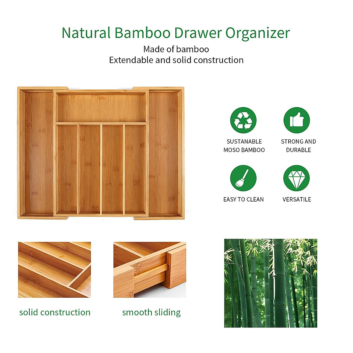 Utoplike Bamboo Cutlery Tray Silverware, Drawer Dividers for Kitchen Utensils, Flatware Tray Drawer Insert for knives, Gadgets and Garage Tools, Office Supplies, (11.5"-18" ) W X 15" H X 2“D (Small)