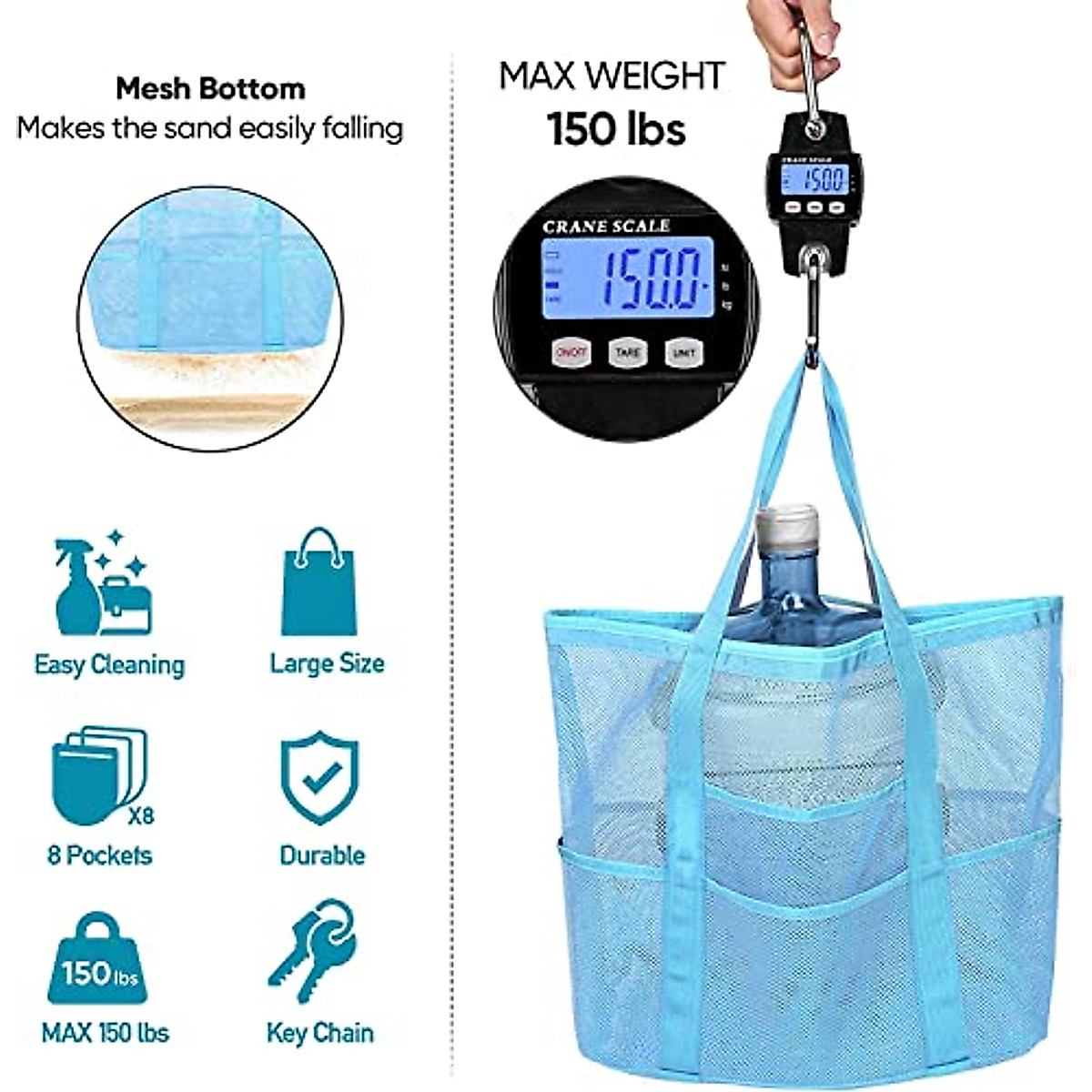ZB.soar Mesh Beach Bags,9 Pockets Beach Bag, Large Beach Tote Swim Bags Pool Bag with Pockets (Sky Blue)