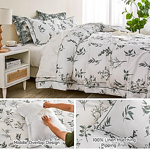 Simple&Opulence 100% Cotton Duvet Cover Set King Size, 3Pcs White Floral Botanical Printed Comforter Cover Set with Button Closure, Soft Breathable Bedding with Linen Trim for All Seasons