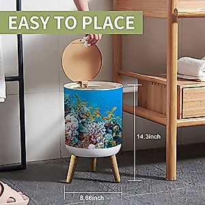 OJNR36WKPD Small Trash Can with Lid Coral Reef with Shoal of Fishes scalefin anthias Underwater Wood Legs Press Cover Garbage Bin Round Waste Bin Wastebasket for Kitchen Bathroom Office 7L/1.8 Gallon