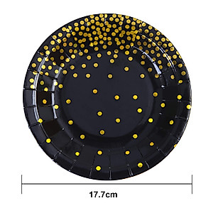 Aneco 60 Pieces 7 Inches Black Bronzing Disposable Paper Plates Dinnerware Plates Gold Foil Polka Dot Plates for Party Graduation Wedding Anniversary Birthday