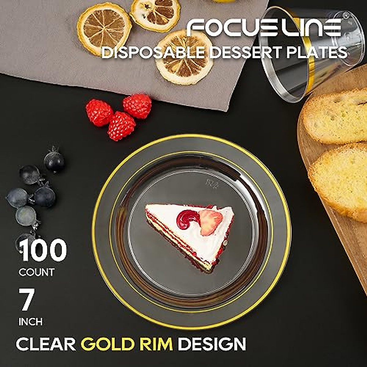 FOCUSLINE 100 Count Clear Gold Plastic Plates 7 Inch, Disposable Heavy Duty Clear Plates with Gold Rim, Premium Hard Plastic Plates Fancy Disposable Clear Salad Plates for Wedding Parties