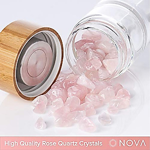 Crystal Elixir Infused Gem Water Bottle – Leak-Proof Lid – Bamboo Wellness Glass Includes Protective Sleeve and Removable Crystal – 15 oz (Rose Quartz)