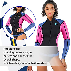 CtriLady Wetsuit Top 1.5mm High-Necked Women Wetsuit Long Sleeve Jacket Neoprene Wetsuits with Front Zipper for Swimming Diving Surfing Boating Kayaking Snorkeling (HotPink, Large)