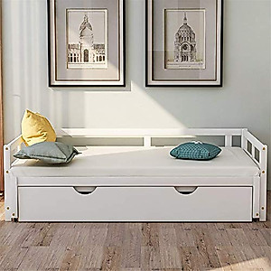 MERITLINE Daybed with Trundle,Twin to King Trundle Bed Extendable Design, Wooden Daybed/Sofa Bed for Bedroom Living Room,No Box Spring Needed,White