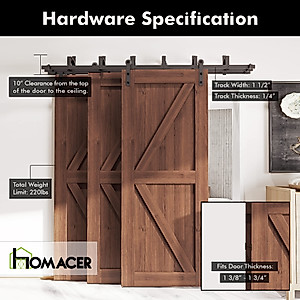 Homacer Black Rustic Triple Track Bypass Sliding Barn Door Hardware Kit (for Door Thickness 1-3/8in ~ 1-3/4in), Three 9ft Long Flat Tracks, for Three/Triple Interior Doors