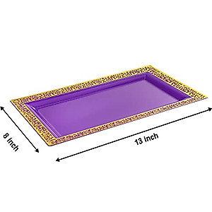U-QE 8 Pack Rectangle Plastic Serving Tray - Purple & Gold Rim Disposable Serving Trays and Platters for Food - Platters for Serving Food - Party, Wedding, Dessert Table, Cupcake display - 13x8 inches