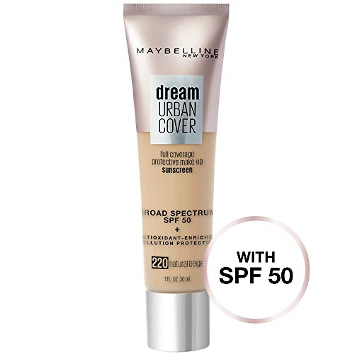 Maybelline Dream Urban Cover Flawless Coverage Foundation Makeup, SPF 50, Natural Beige