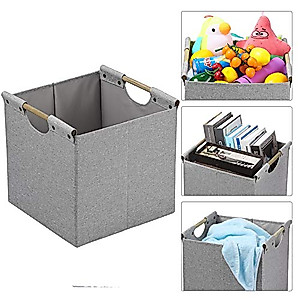 HOONEX Collapsible Storage Bins, 13x13x13in Storage Cubes Linen Fabric, 3 Pack, Storage Baskets with Wooden Carry Handles and Sturdy Heavy Cardboard, for Home, Office, Car, Nursery, Light Grey
