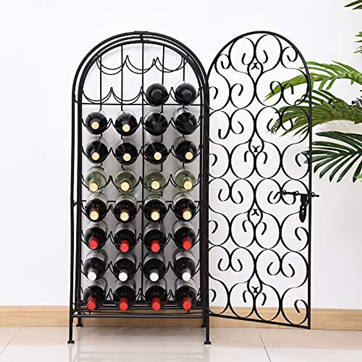 HOMCOM 35 Bottle Wrought Iron Wine Rack Jail with Lock - Black