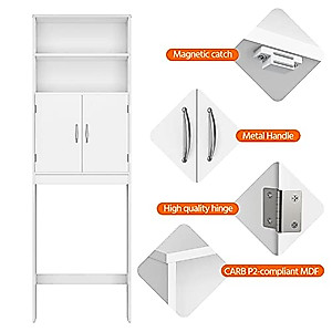 Yaheetech Over The Toilet Storage, Taller Bathroom Organizer Space-Saving Storage Cabinet with Adjustable Shelves and Double Doors, 77 in H, White