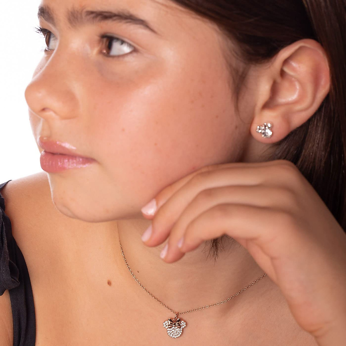 Disney Jewelry, Minnie Mouse Cubic Zirconia Pendant Necklace, Silver Plated, Pink Plated, 16+2" Extender