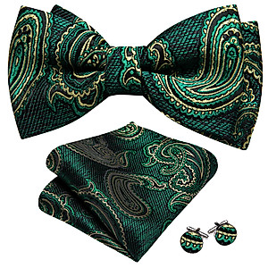 YOHOWA Men Bow Tie Set Paisley Green Gold Silk Pre-Tied Bowtie Shamrock Day Pocket Square Cufflinks Formal Wedding Party Prom