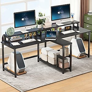 MUTUN Two Person Desk, 83.7 Inch Computer Office Double Desk with Monitor Stand and Power Outlets, Rustic Writing Desk Workstation with Shelves, Long Desk for Home Office, Black