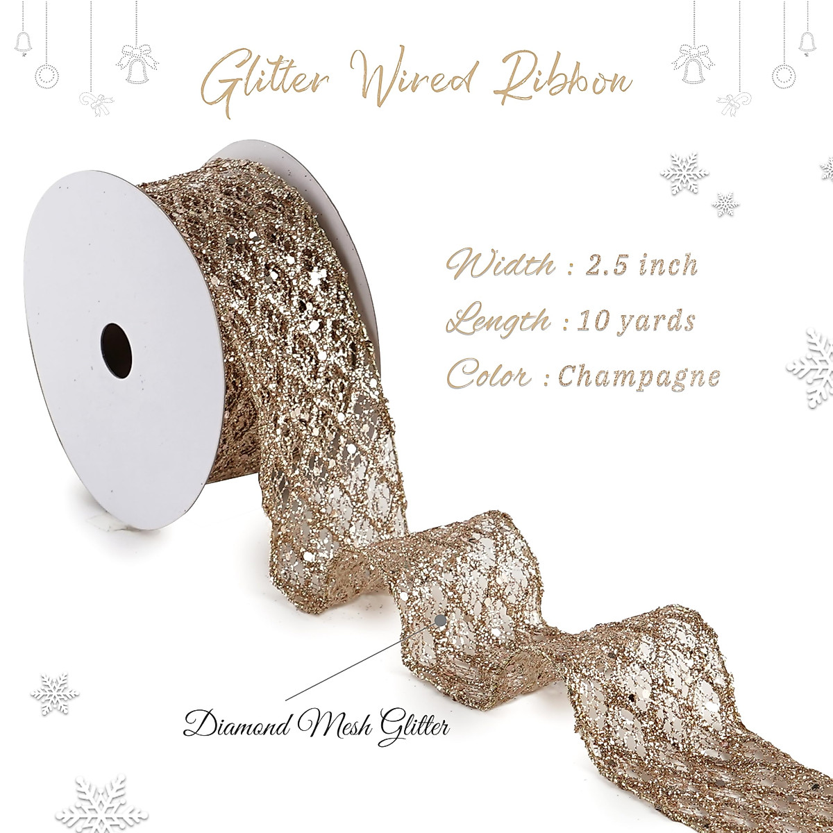 MAYREEL 2.5 Inch Champagne Wired Ribbon Glitter Pale Gold for Christmas Decorations Gift Wrapping Wreath Supplies Tree Toppers 10 Yards