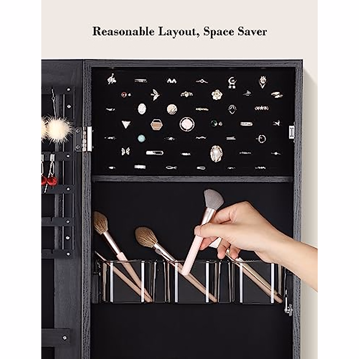 Nicetree Jewelry Cabinet with Full-Length Mirror, Standing Lockable Jewelry Armoire Mirror Organizer, 3 Angel Adjustable, Black