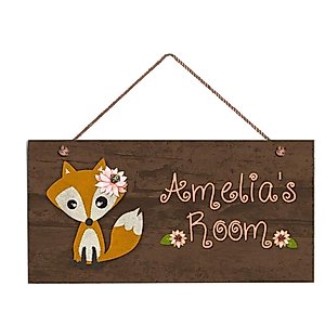 Girl Fox Sign, Woodland Personalized Sign, Kid's Name, Kids Door Sign, Baby Nursery Wall Decor, 5" x 10" Sign