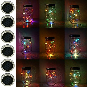 6 Pack Mason Jar Lights, 10 LED Solar Colorful Flicker Fairy String Lights Lids Insert for Garden Deck Patio Party Wedding Decorative Lighting Fit for Regular Mouth Jars