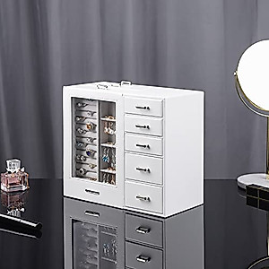 Homde Large Jewelry Box/Organizer/Case with Glass Window, Drawers for Necklaces Earrings Rings Bracelets Watches Gift for Women Girls (White+Grey)