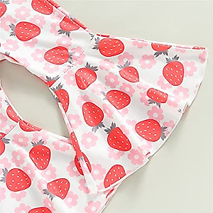 Toddler Kids Baby Girl Summer Outfit Strawberry Print Short Sleeve T-Shirt Tops Flare Pants Headband 3pcs Clothes (White Strawberry,12-18M)