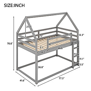TARTOP House Shaped Bunk Bed Twin Over Twin Size Wood Bunk Bed Frame Low Bunk Beds for Kids and Toddlers, Twin Size,Gray
