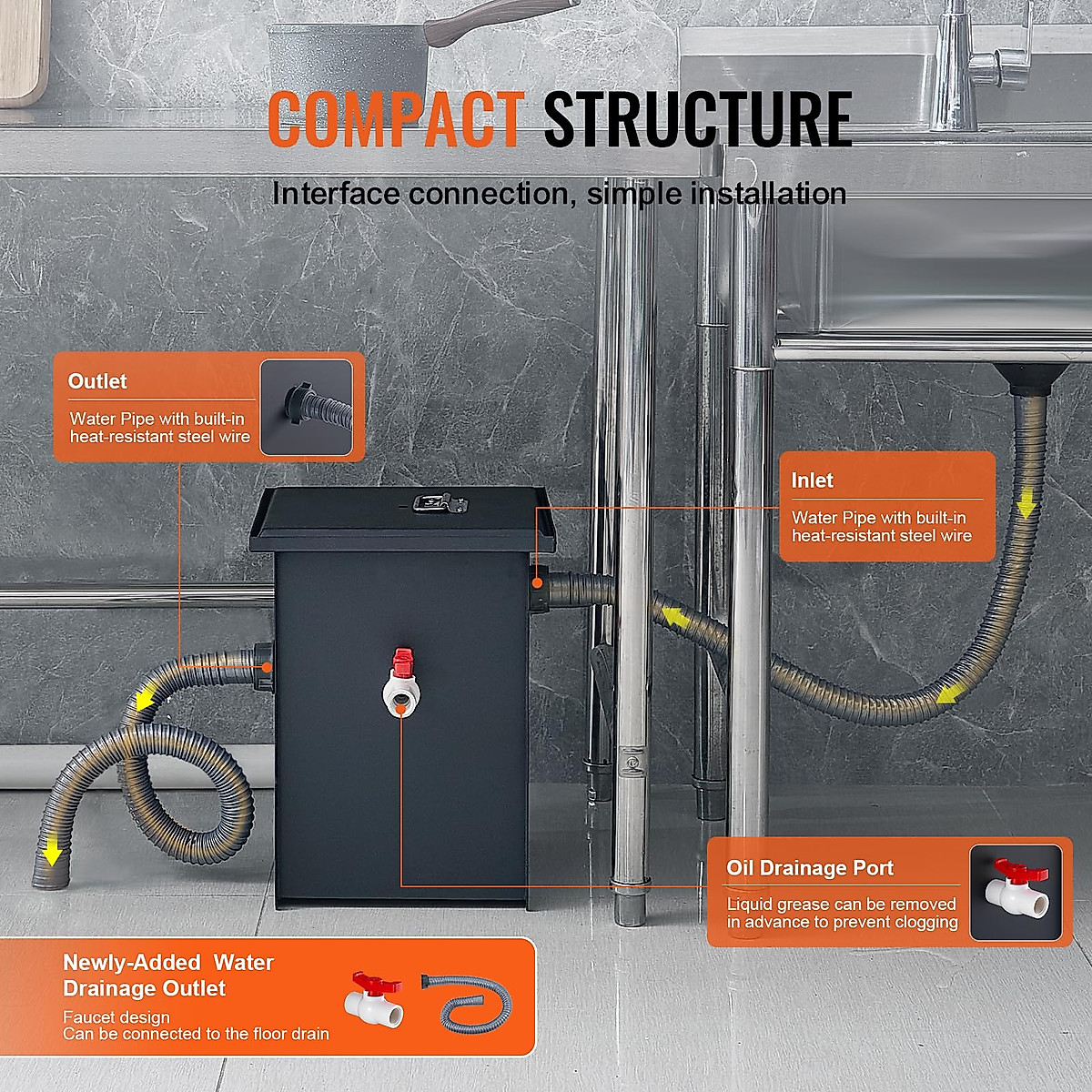 VEVOR Commercial Grease Trap, 8 LBS Grease Interceptor, Side Inlet Interceptor, Under Sink Carbon Steel Grease Trap, 4.6 GPM Waste Water Oil-water Separator, for Restaurant Canteen Home Kitchen