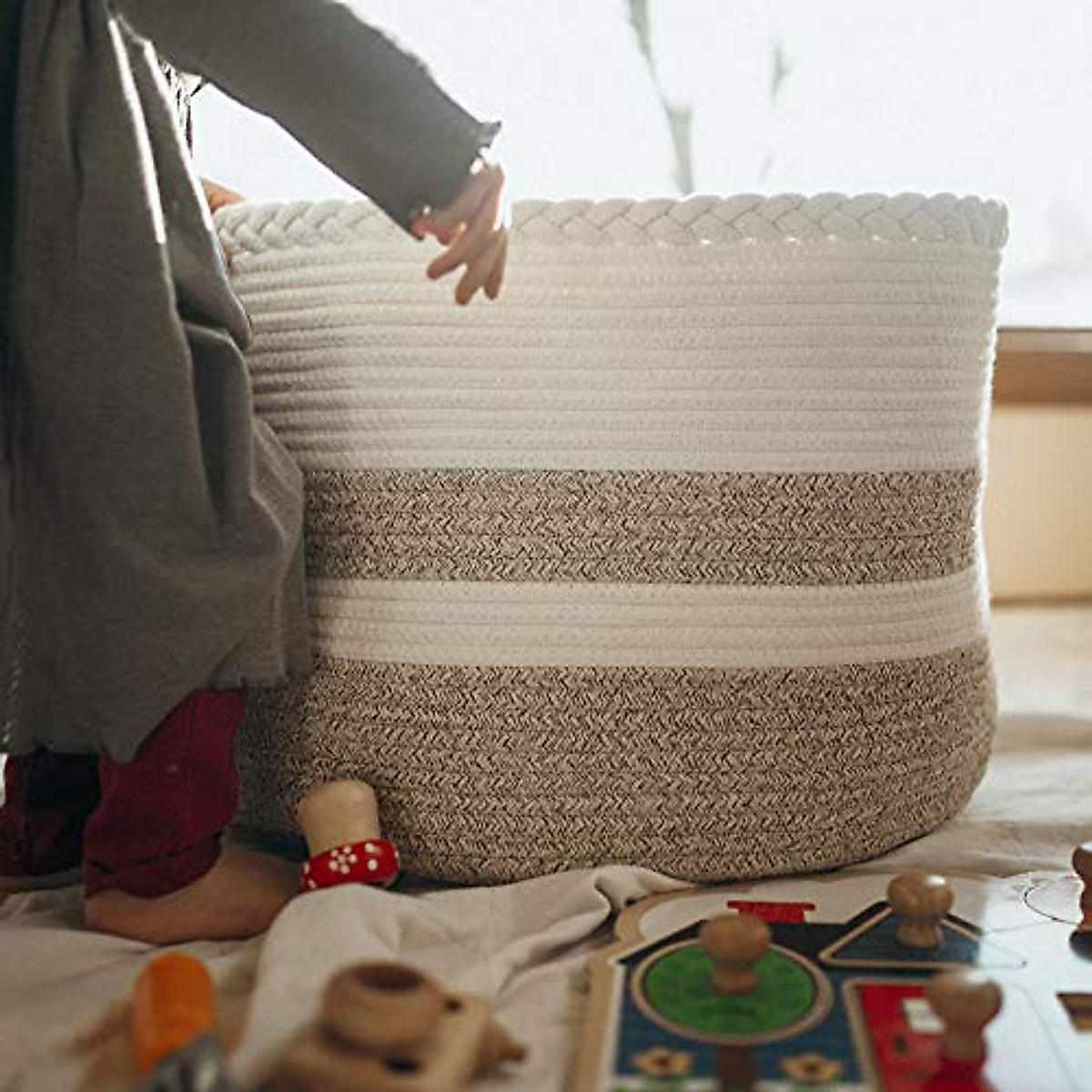 Cotton Rope Basket for Living Room Blanket Storage - Kids Playroom Storage Organizer - Woven Nursery Laundry Basket for Clothes, Bathroom Towels, Toys - Home Decorations Bins - Extra Large 20"D x 13"H
