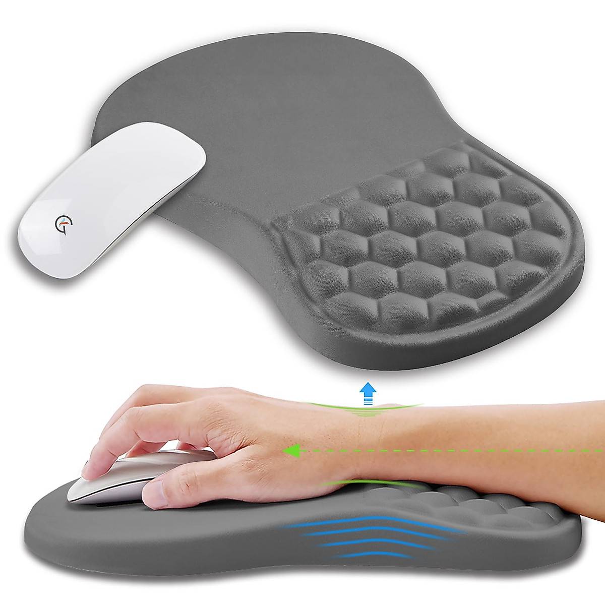 KUOSGM Ergonomic Mouse Pad Wrist Support with Memory Foam Massage Bulge, Carpal Tunnel Pain Relief Mousepad Wrist Rest for Mouse(12x8 inch, Grey)