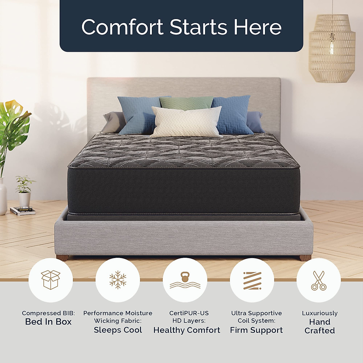 Loosh Twin XL Size 12" Extra Firm Mattress Moisture Wicking Fabric, Cool Sleep - Inner Spring System & High-Density Foam Layers for Support & Comfort - CertiPUR-US Certified, Bed in Box
