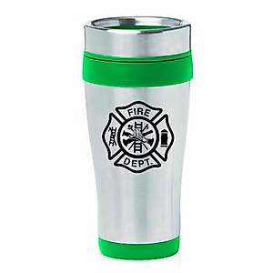 16oz Insulated Stainless Steel Travel Mug Coffee Mug Tumbler Fire Department Maltese Cross Firefighter (Green)