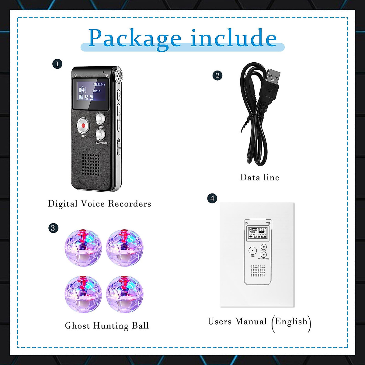 Dunzy 5 Pcs Ghost Hunting Kit Includes Digital Voice Recorders with 4 LED Cat Balls Motion Activated Cat Ball Toy Voice Activated Recorder with Playback for Pet Dog Animals(Black)