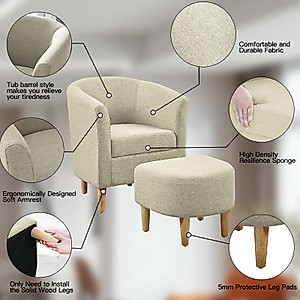 DAZONE Accent Chair Set of 2 Mid Century Modern Chair with Ottoman Comfy Armchair Footrest Set Comfortable Living Room Chairs Upholstered Barrel Club Tub Sofa Chair for Bedroom Reading Room Beige