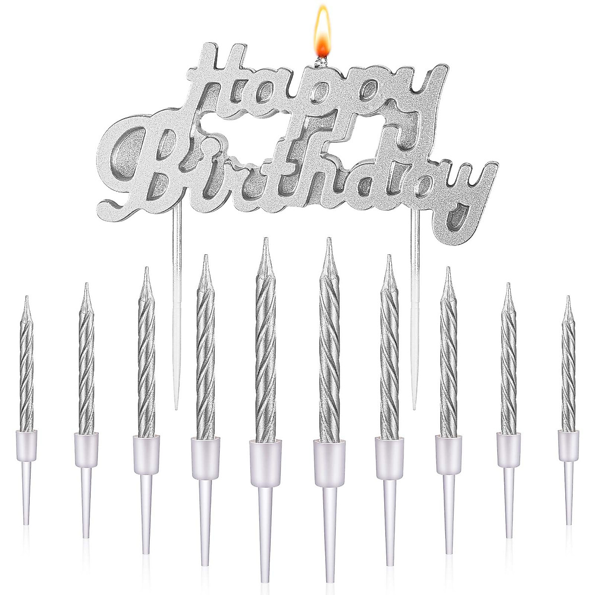 MTLEE Happy Birthday Candles for Cake Birthday Candle Topper with 10 Pcs 2.95 Inch Candles Short Thin Spiral Candles for Cake Topper Birthday Decoration Party Supplies (Silver)