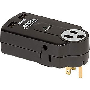 Accell Power Travel Surge Protector - 3 Outlets, 2 USB Charging Ports (2.1A Output), Folding Plug - Black, 612 Joules, ETL Listed
