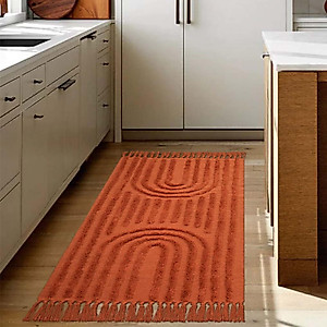 LEEVAN Washable Kitchen Rug 2'x4.3', Boho Hand-Woven Entryway Rug, Terracotta Rainbow Bedroom Rug with Tassels, Farmhouse Tufted Bathroom Rugs, Bohemian Rugs for Bedside/Laundry/Nursery