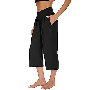 FAYLR Womens Wide Leg Capri Yoga Lounge Summer Loose Pullover Crossover High Waist Capri Pants with Pockets Black Large