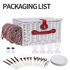 Picnic Basket for 4 Person Wicker Picnic Hamper with Waterproof Blanket, Insulated Cooler Compartment & Tableware Set (White/Red)