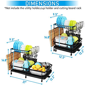 SNSLXH Large Dish Drying Rack Drainboard Set, Expandable 2 Tier Dish Racks for Kitchen Counter, Dish Rack with Drainage, Utensils Holder, Cup Holder-Black