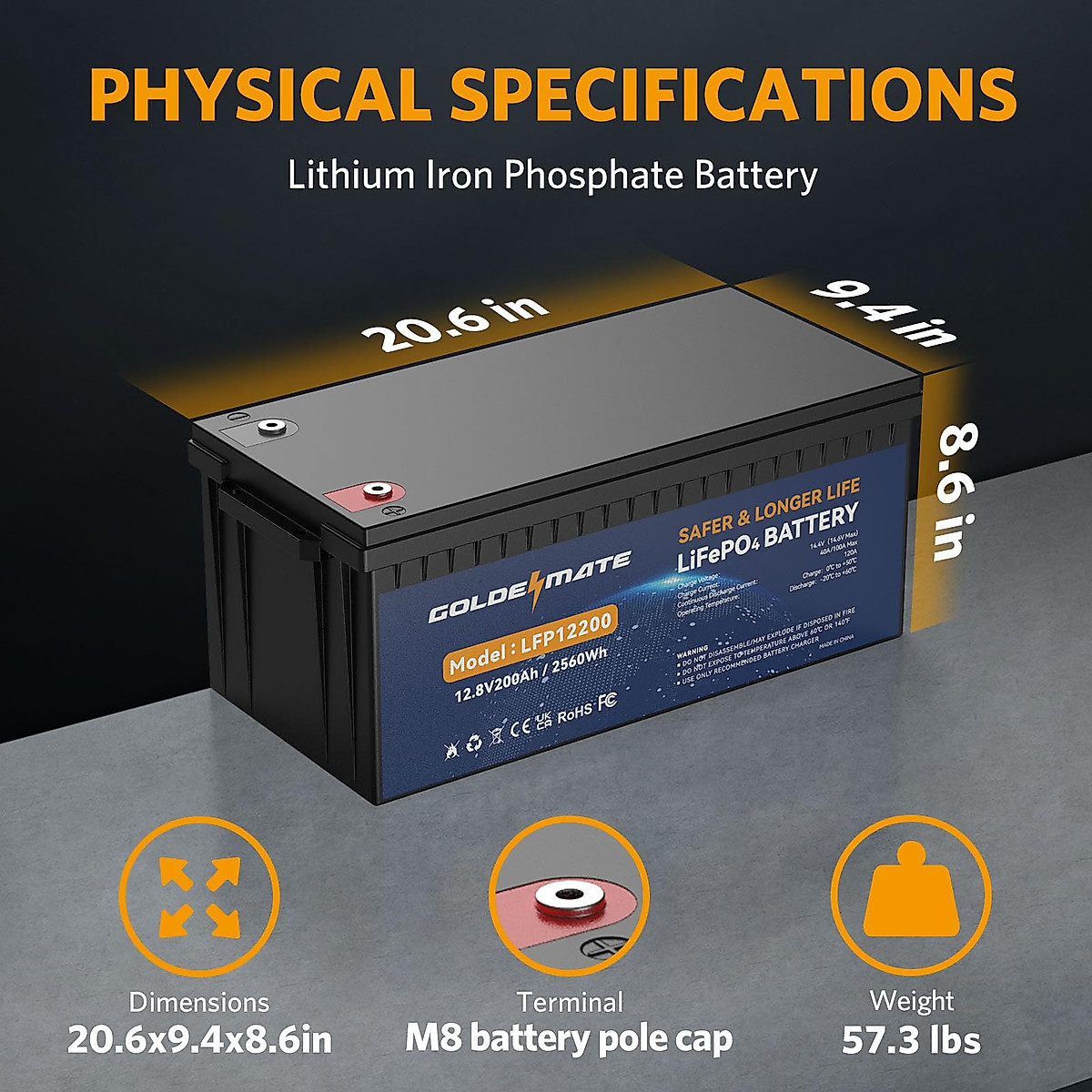 GOLDENMATE 12V 200Ah LiFePO4 Lithium Battery, Rechargeable Battery Up to 15000 Cycles, Built-in BMS, Max 2560Wh, Perfect for RV, Camping, Solar, Marine, Trolling Motor, Golf Cart, Off-Grid Application