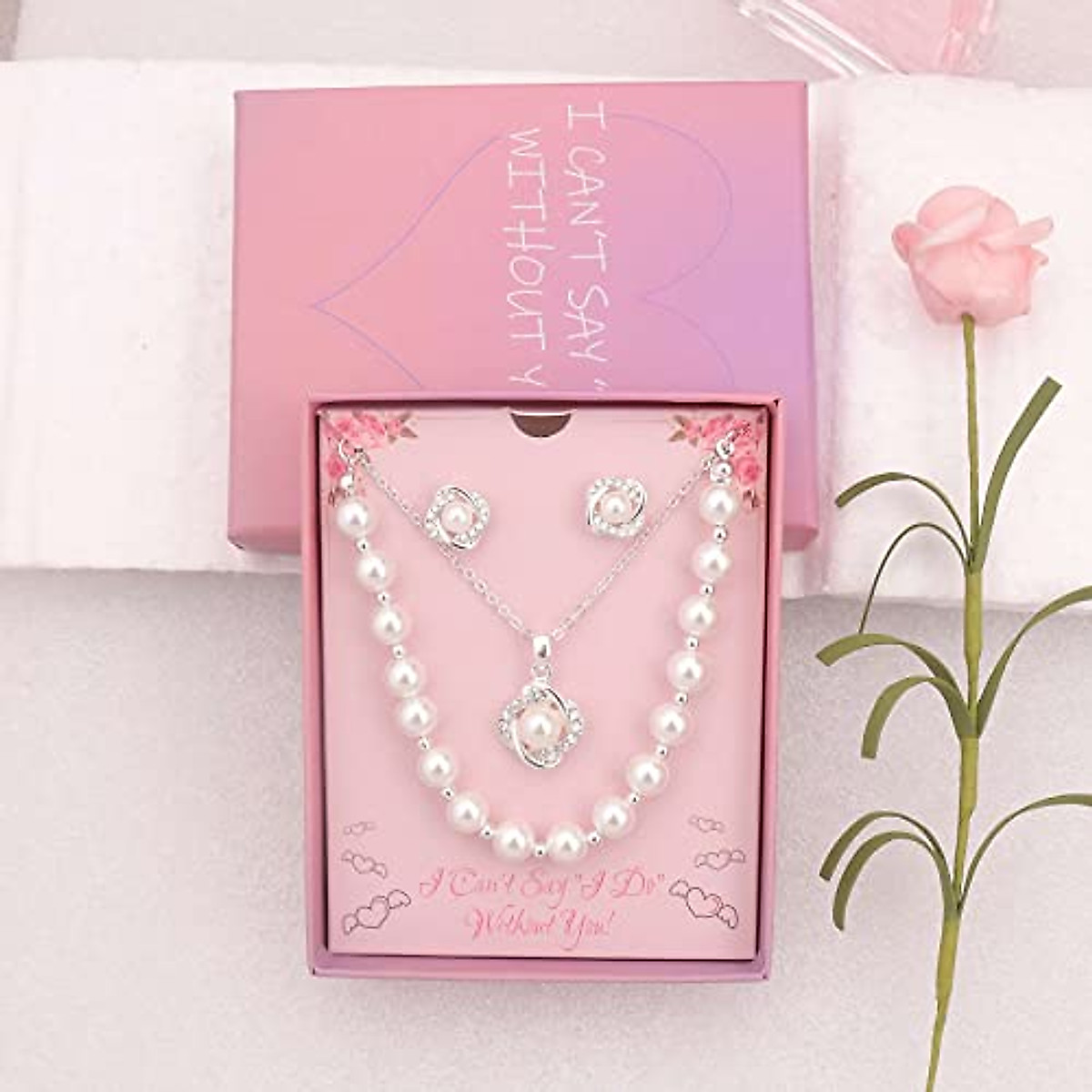 Bridesmaid Jewelry Set for Women Girls,8 Sets Silver Plated Love Knot Pendant with Pearl Necklace Earrings Bracelet Set,Bridesmaid Gift for Wedding/Proposal/Party/Anniversary