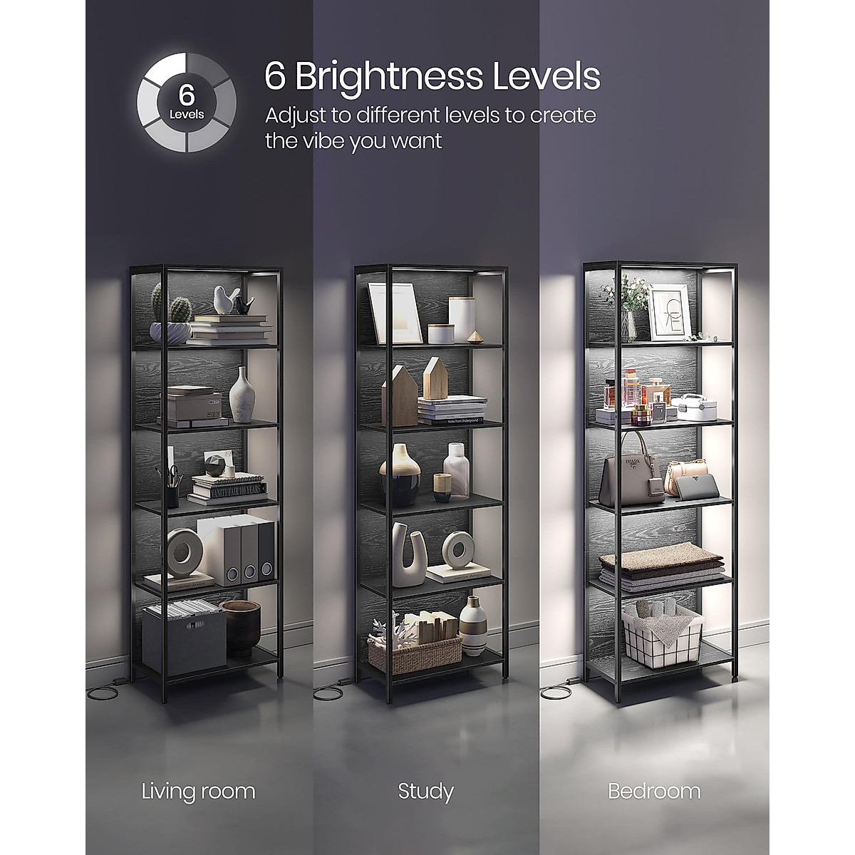 VASAGLE 6-Tier LED Bookshelf, Display Shelf with Dimmable Lights, LED Bookcase with Steel Frame, 11.9 x 23.6 x 70.3 Inches, for Living Room, Bedroom, Office, Black with Wood Grain ULLS120B56