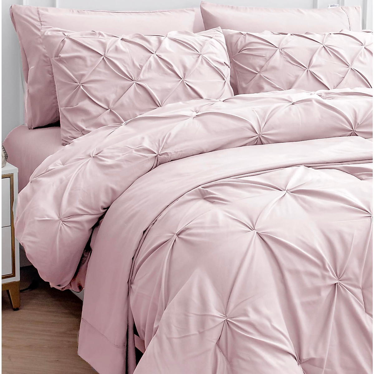 LANE LINEN Pink Comforter Set Queen Size with Sheets, Pillowcases & Shams, Pintuck Bedding Queen Size, Soft Queen Size Bed in a Bag Set, Pinch Pleated Queen Bed Comforter Set, Queen Bed Set for Girls