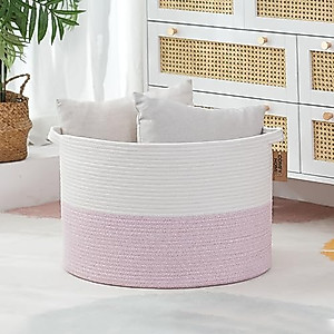 COMFY-HOMI New Extra Large Blanket Storage Basket 21''x21''x13.6''|Toy Organizers and Storage|Cotton Rope Woven Round Basket for Blanket|Baby Basket for Newborn-White/Pink