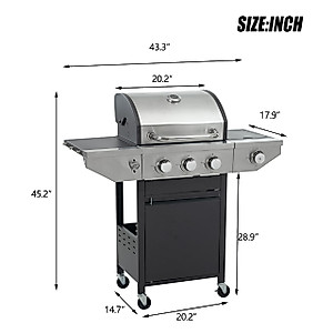 Lepfun High-Performance 3 Burner 9550 BTU Gas Hood & Side Shelves Heavy Duty Flat Top Griddle Grill Station, Barbecue Grill Stainless Steel Gas Grill with Side Burner and Thermometer for BBQ, Camping